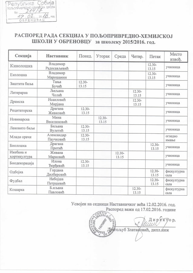 Raspored rada sekcija | PDF