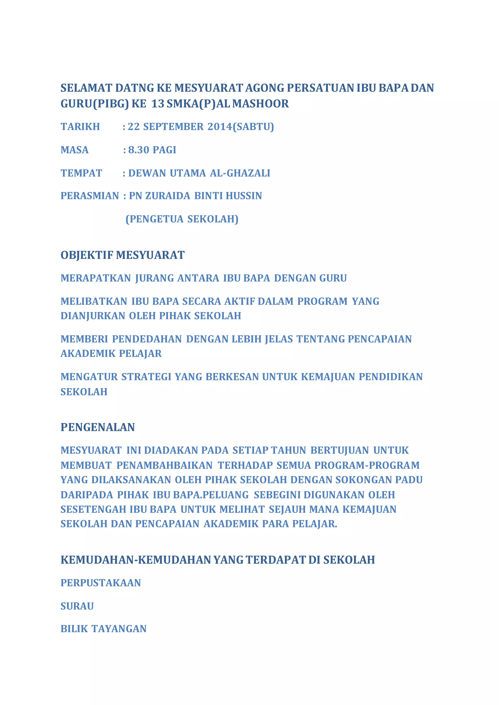 Selamat datng ke mesyuarat agong persatuan ibu bapa dan guru | PDF