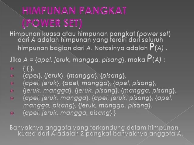 Selang, himpunan kosong, kesamaan himpunan, subset, dan power set | PPTX