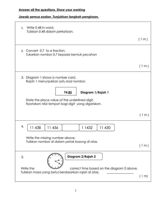 Ujian Selaras tahun 4 Matematik | DOC