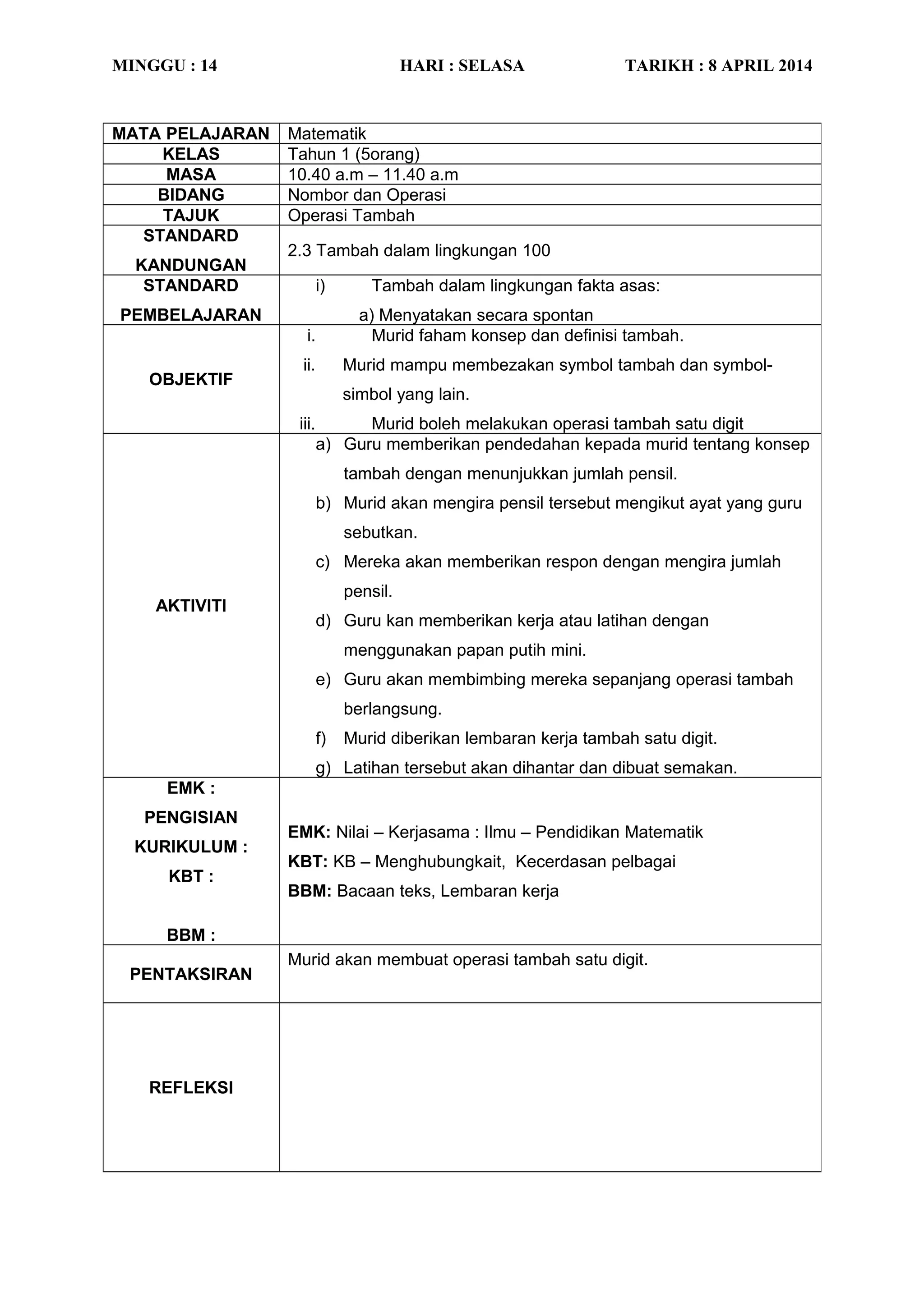 rph matematik tahun 1 | PDF