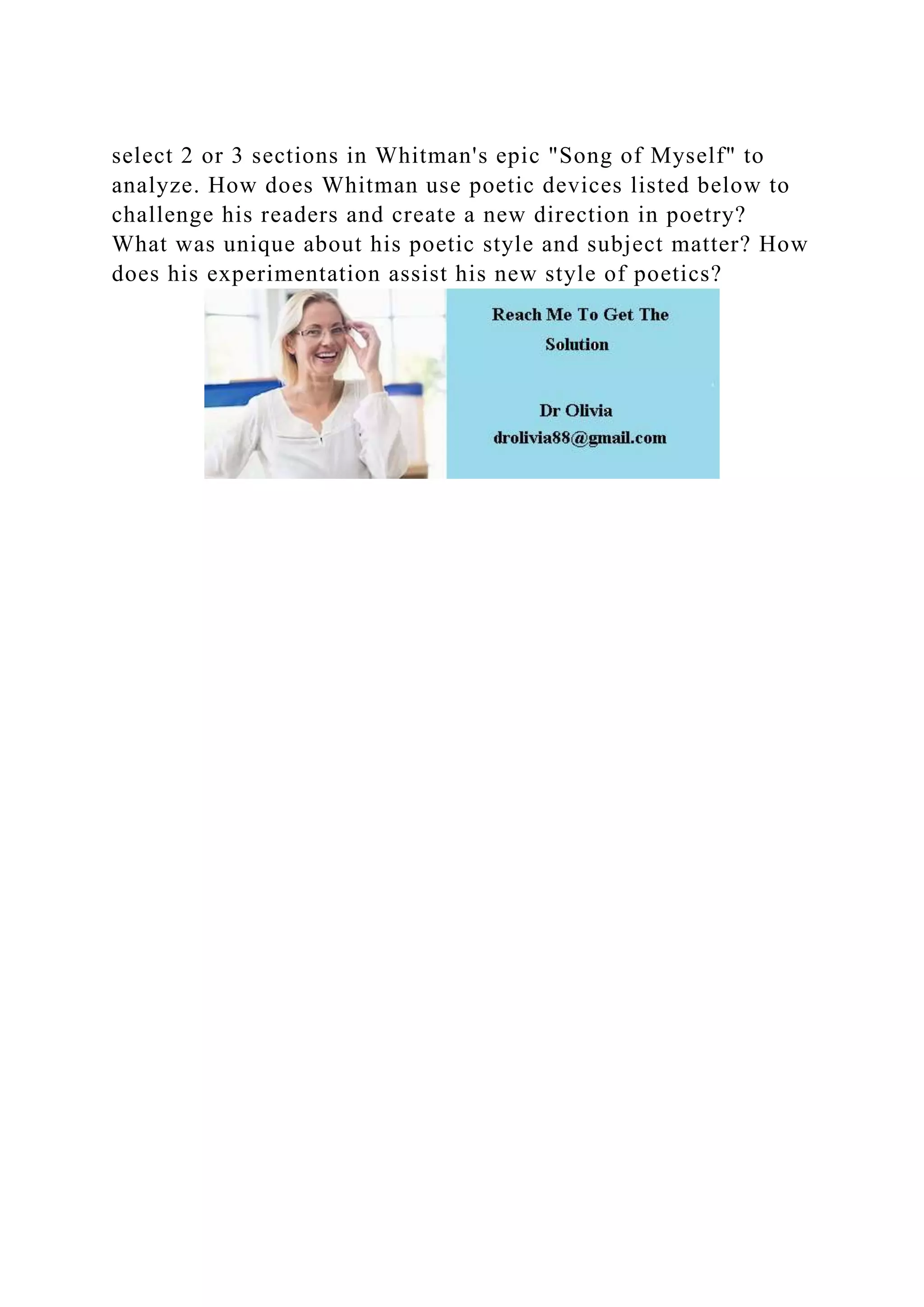 select 2 or 3 sections in Whitmans epic Song of Myself to analyze.docx ...