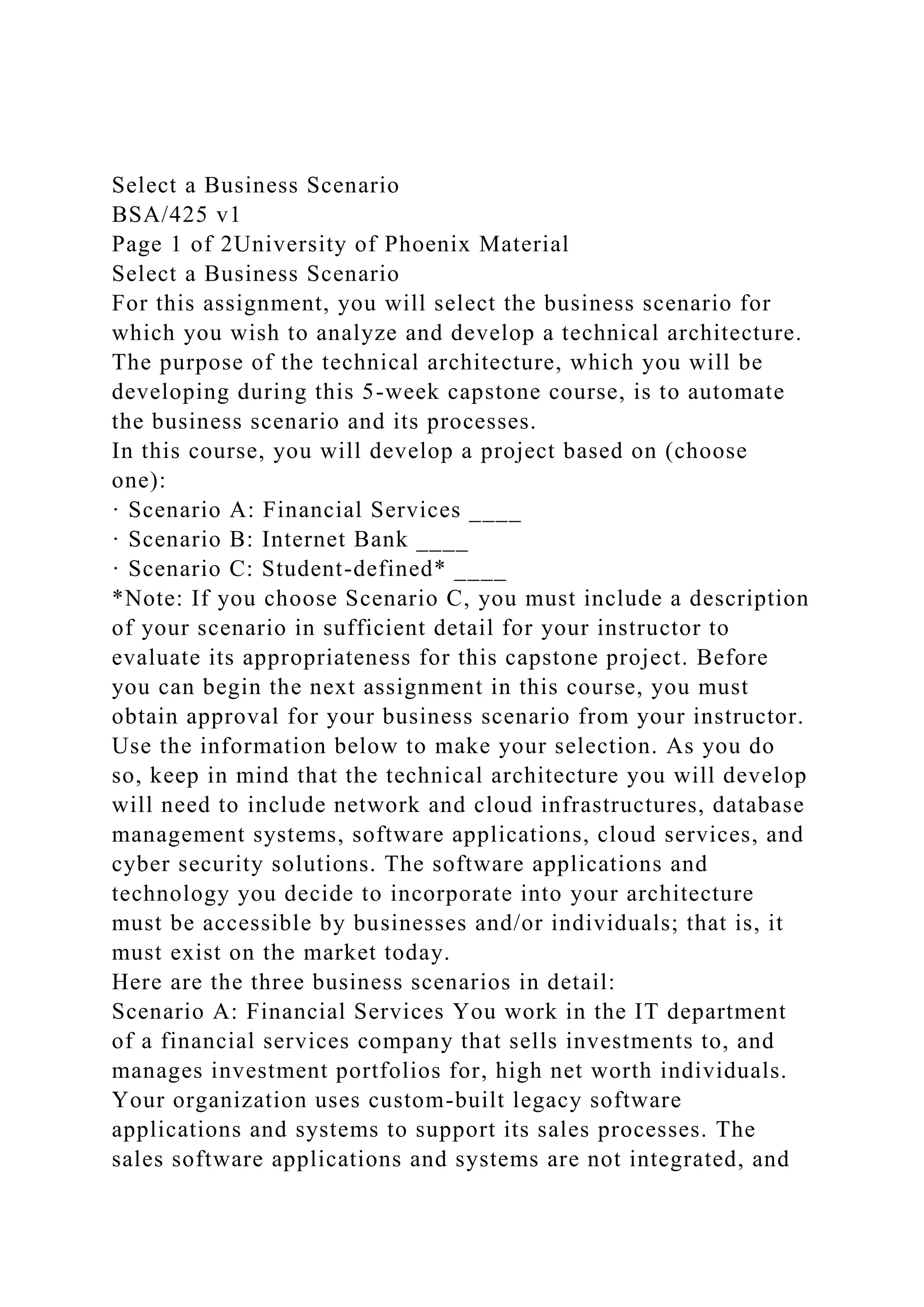 Select a Business ScenarioBSA425 v1Page 1 of 2University of P.docx