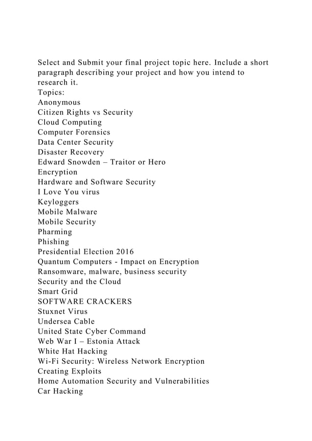 Select and Submit your final project topic here. Include a short p.docx