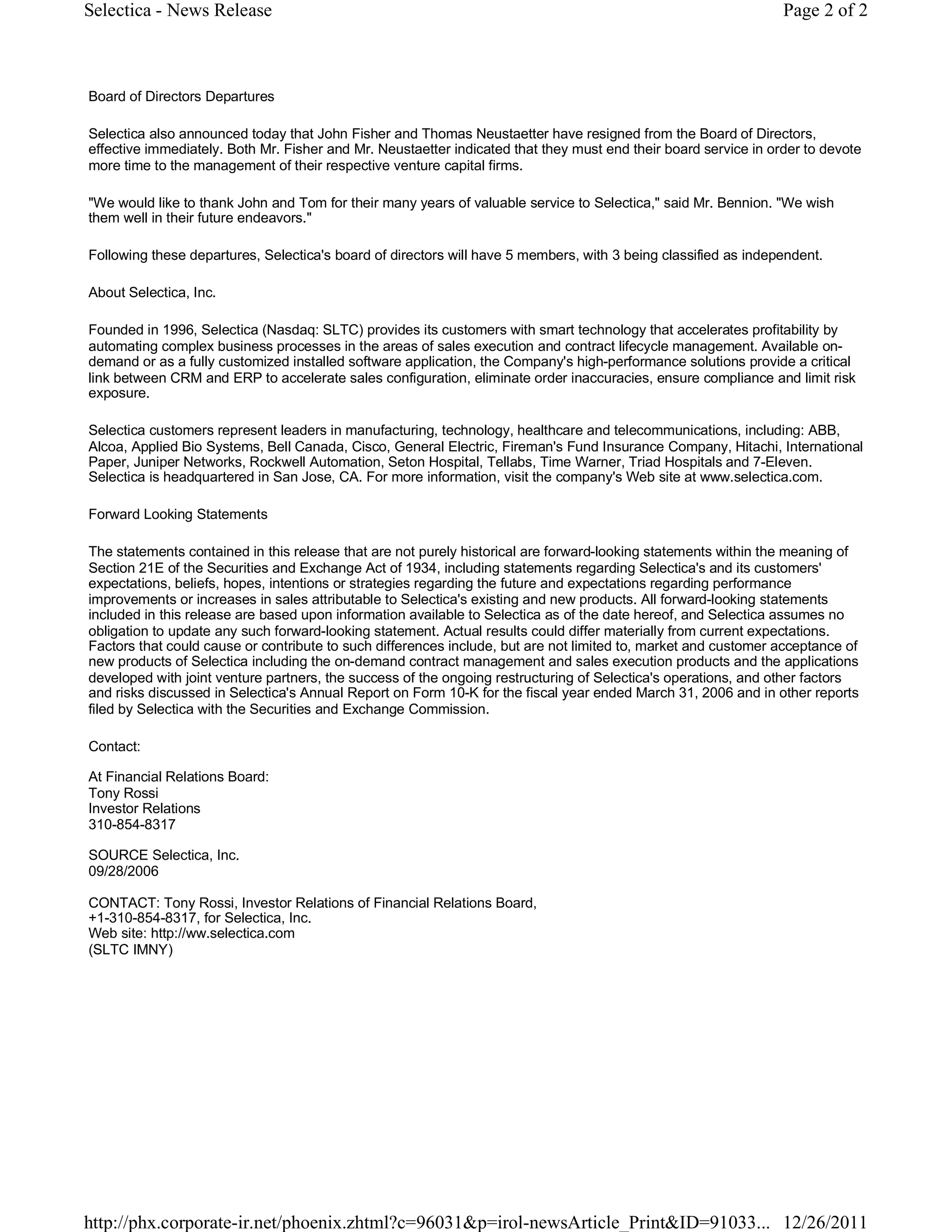 Selectica Names Bill Roeschlein CFO | PDF | Business Administration ...