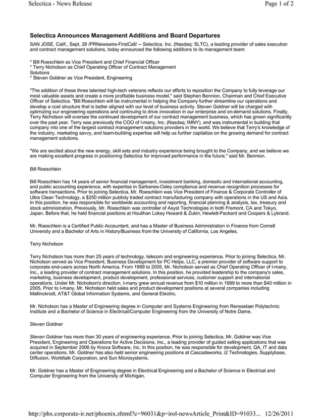 Selectica Names Bill Roeschlein CFO | PDF | Business Administration ...