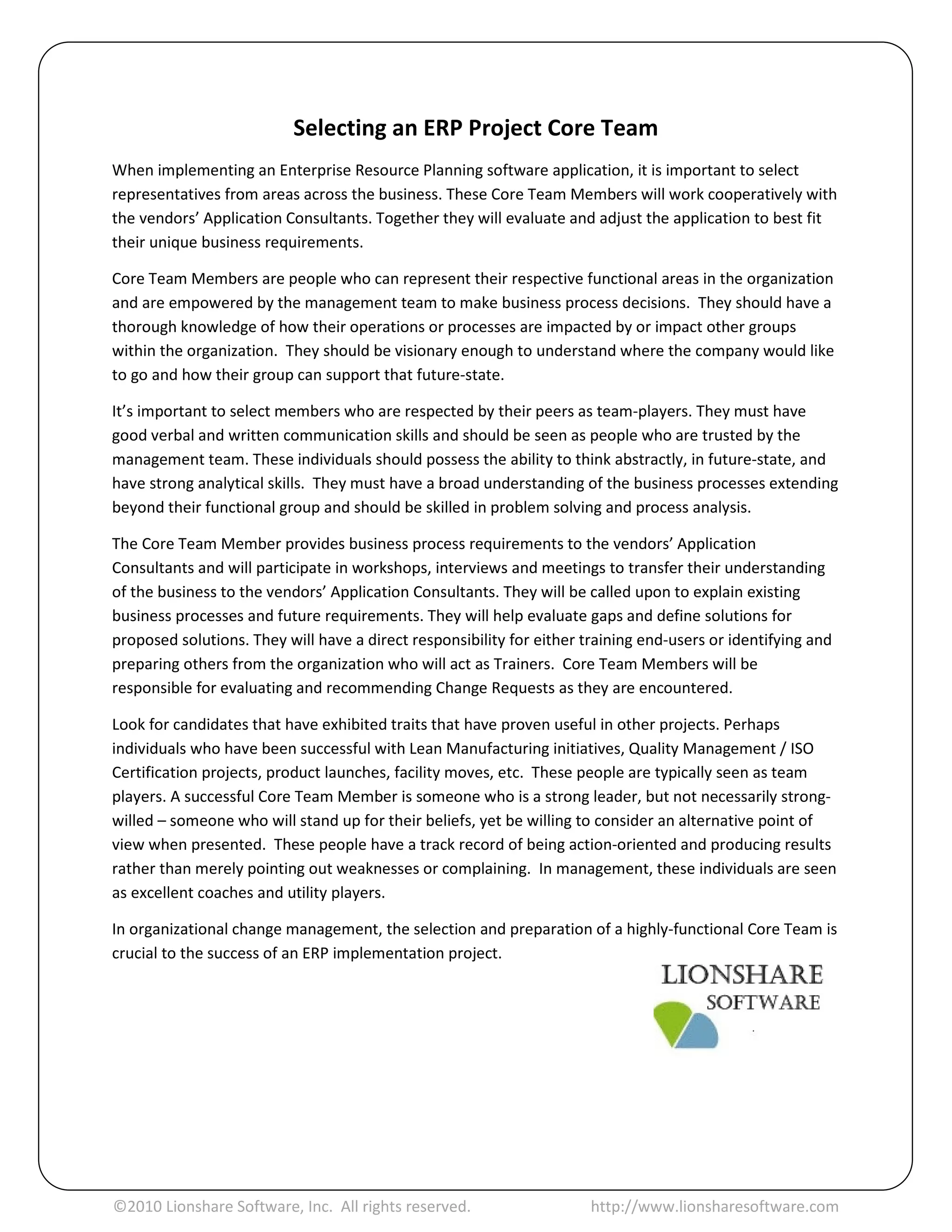 Selecting An Erp Project Implementation Core Team Pdf