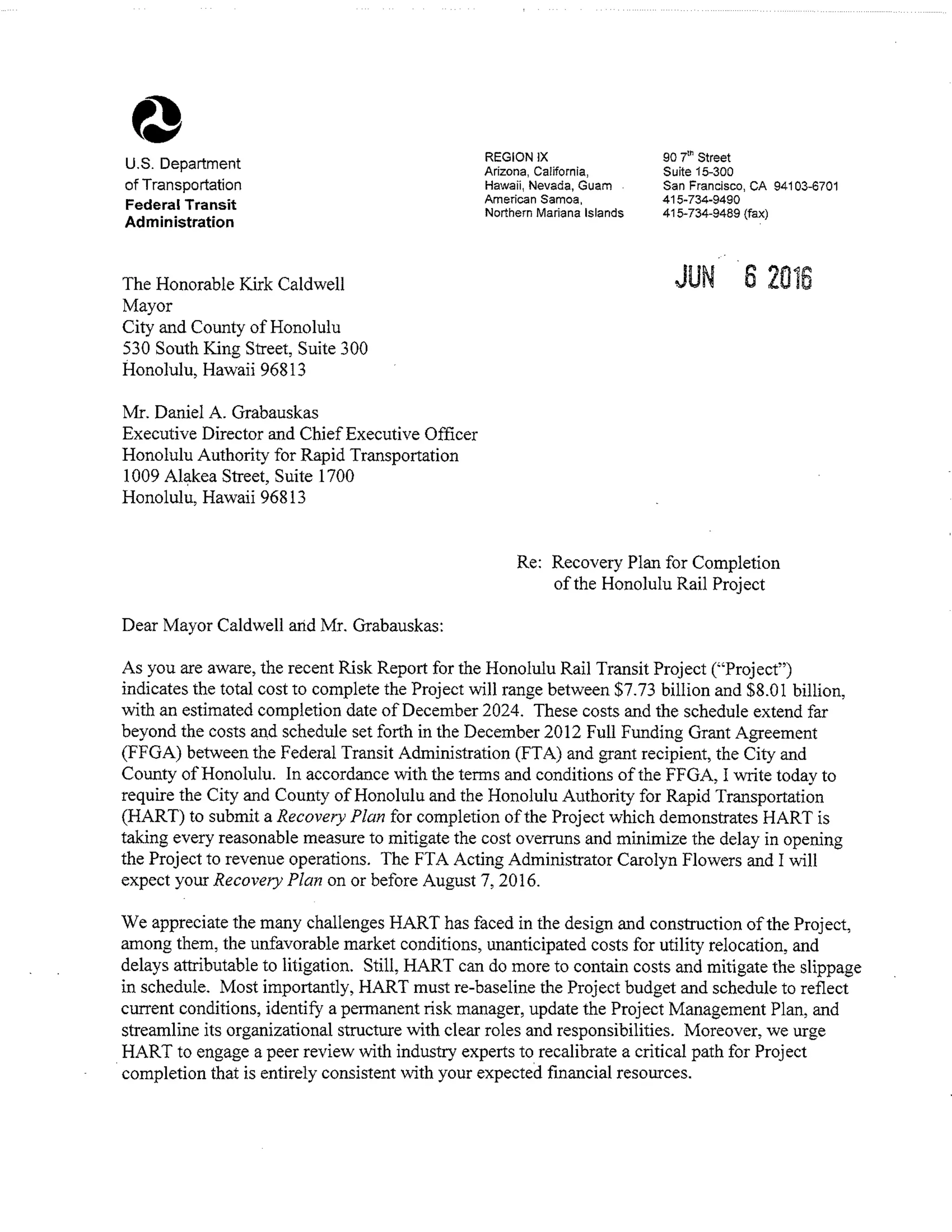 FTA Letter to HART, Caldwell | PDF