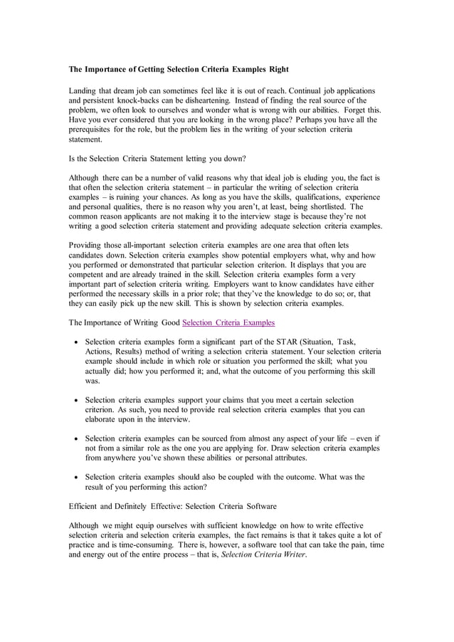 Selection criteria examples | PDF | Resume Writing and Advice | Job Search