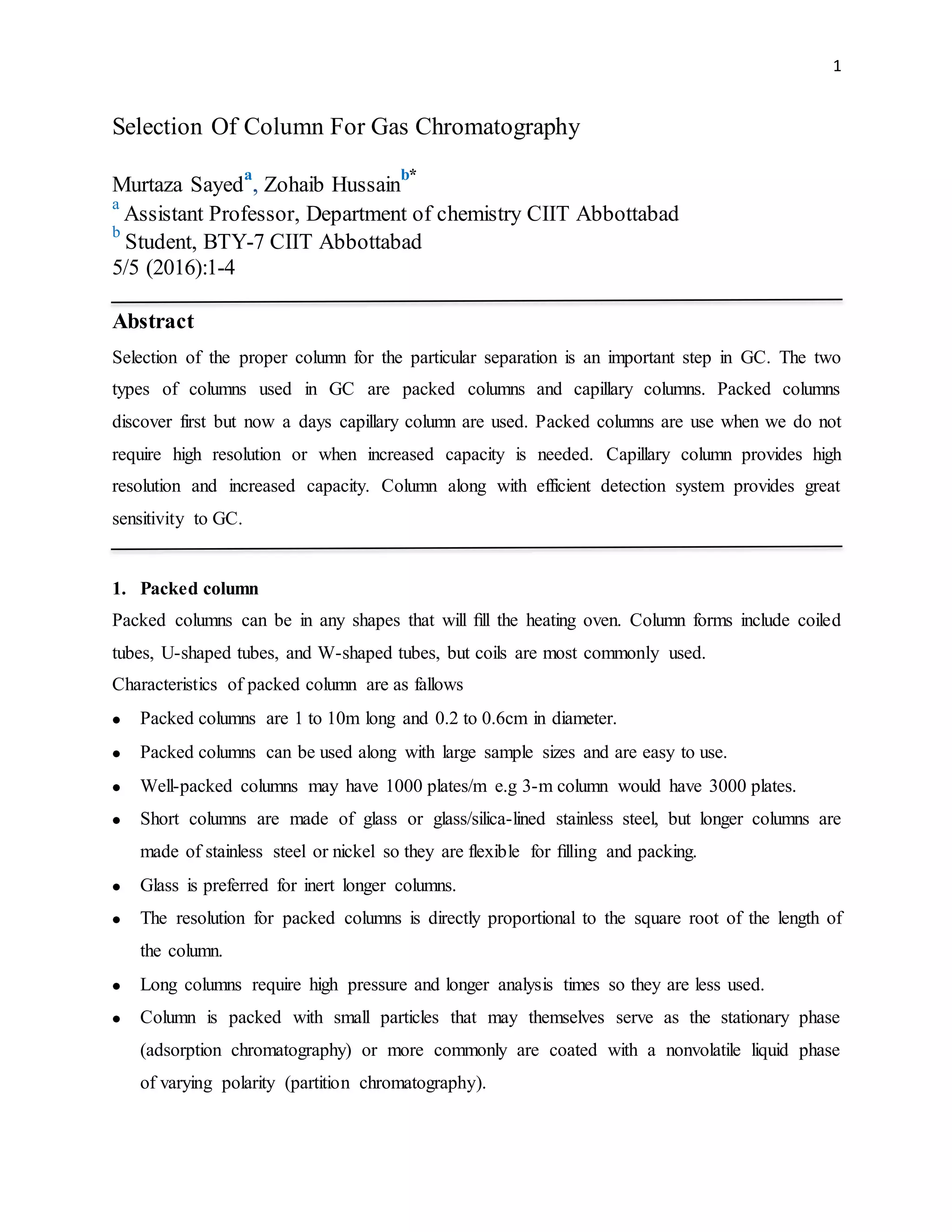 Selection Of Column For Gas Chromatography | PDF