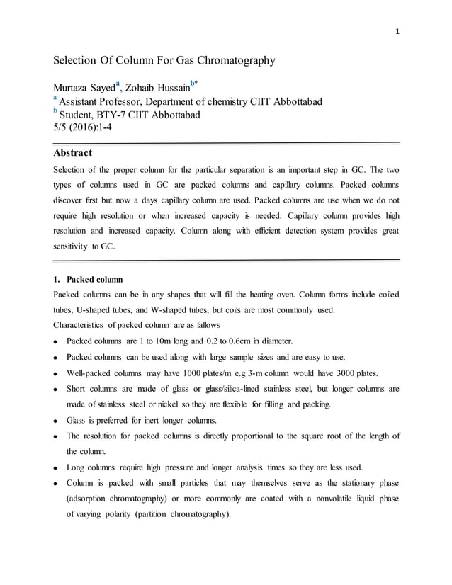 Selection Of Column For Gas Chromatography | PDF | Chemistry | Science