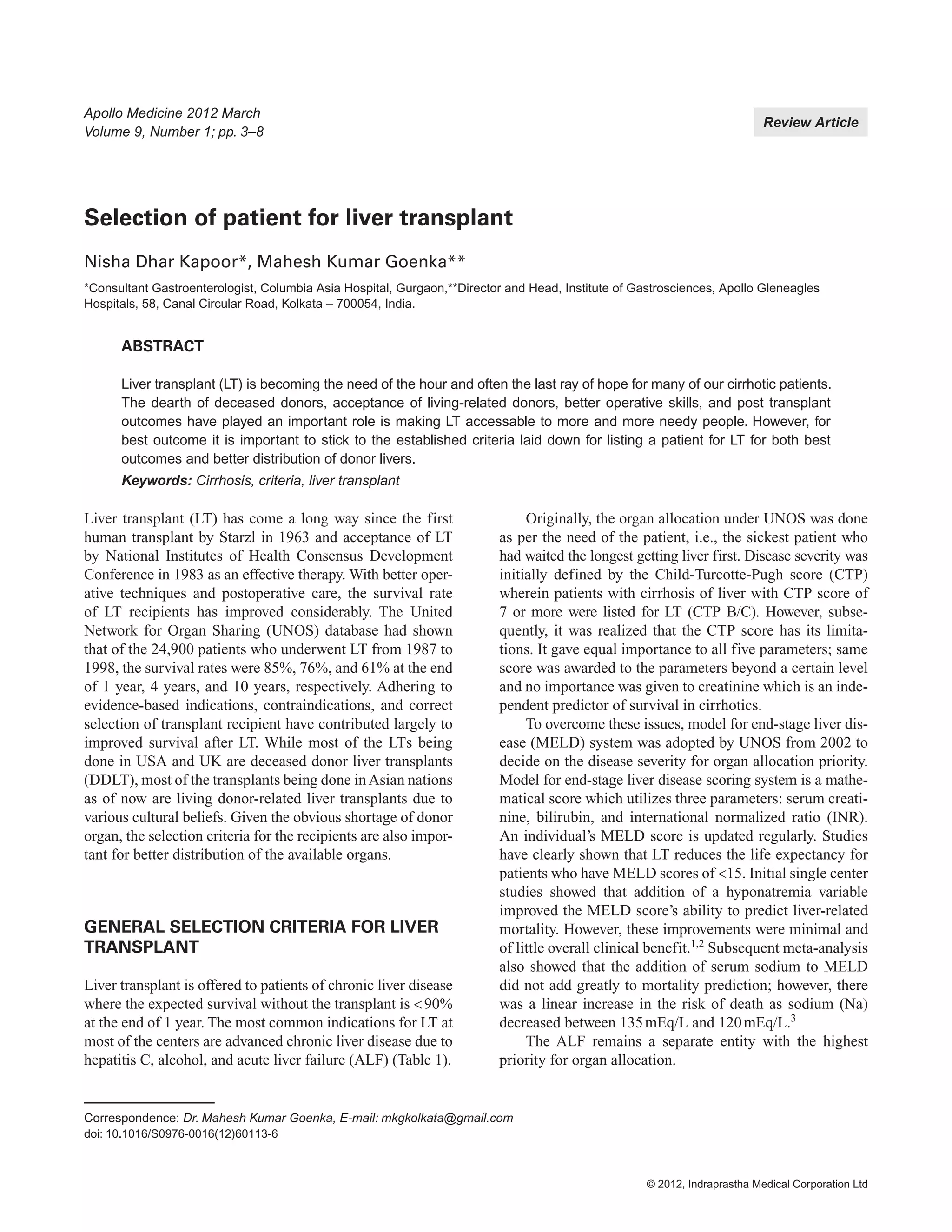 Selection of patient for liver transplant | PDF