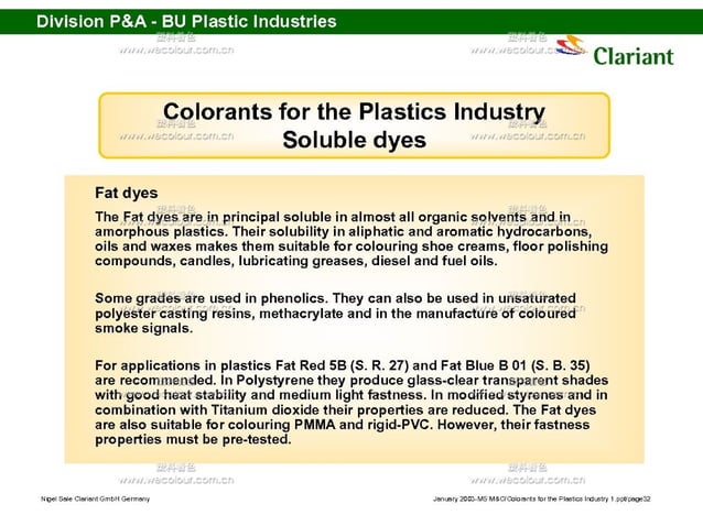 Selection of pigment and dyes for plastics by clariant | PDF