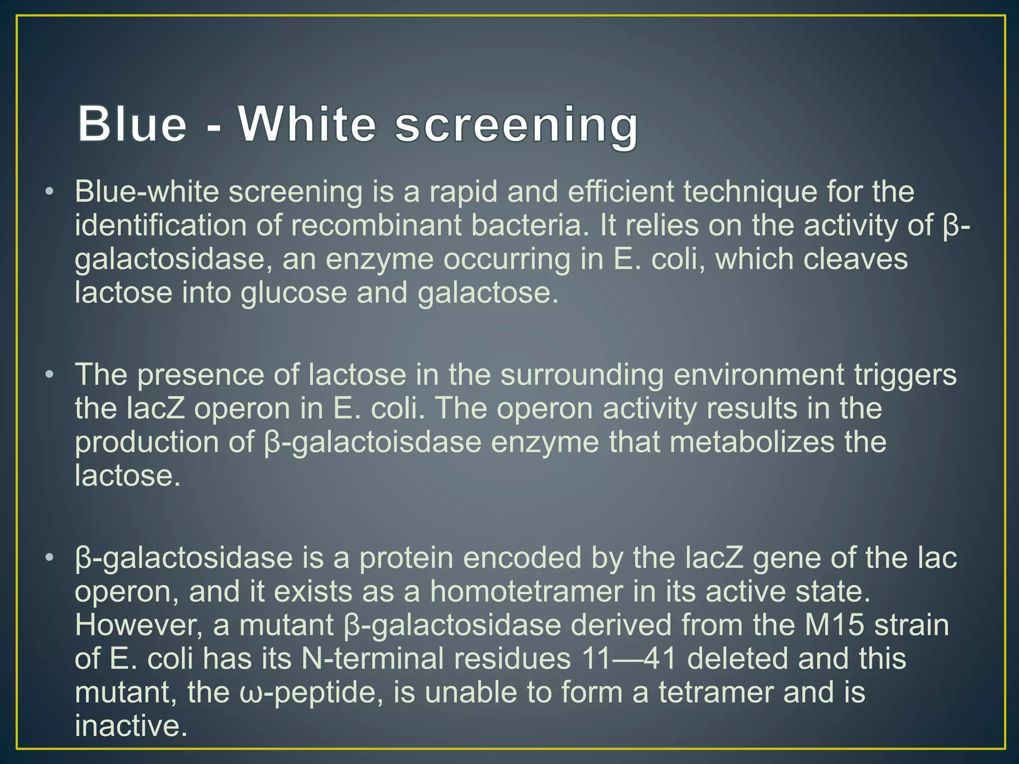 Selection & Screening of Recombinant cells & expression of recombinant ...