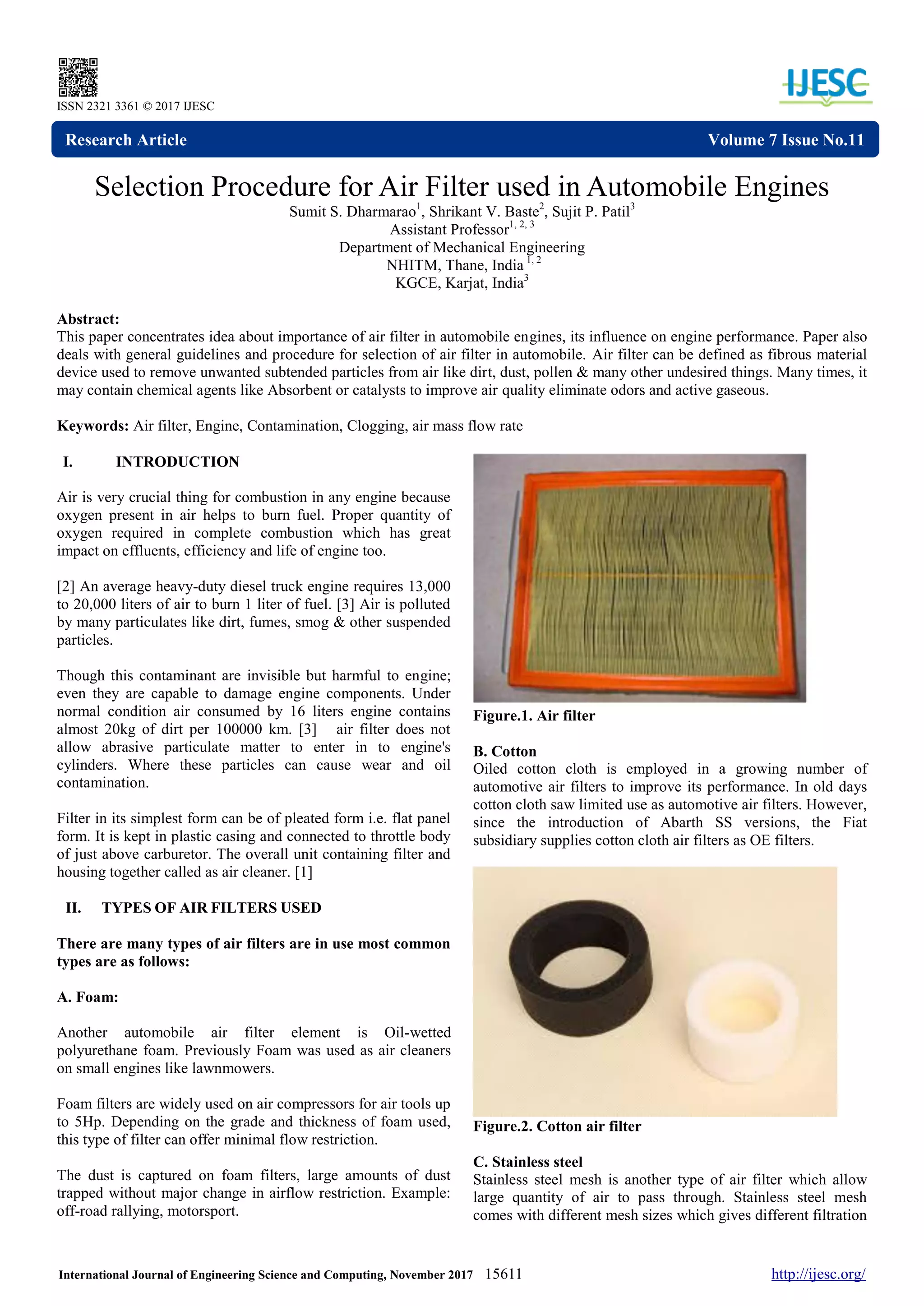 Selection procedure for air filter used in automobile engines | PDF