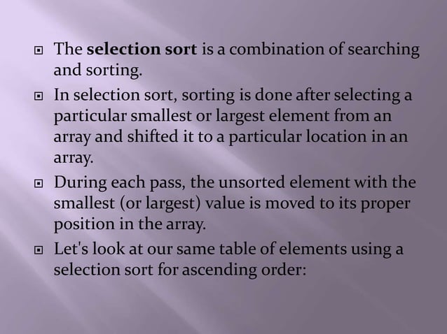 Selection sort | PPTX | Programming Languages | Computing