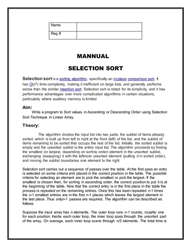 Selection sort lab mannual | DOCX | Programming Languages | Computing