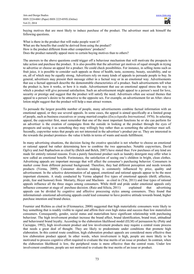 Selective determinants of advertisement appeal for a product or service ...