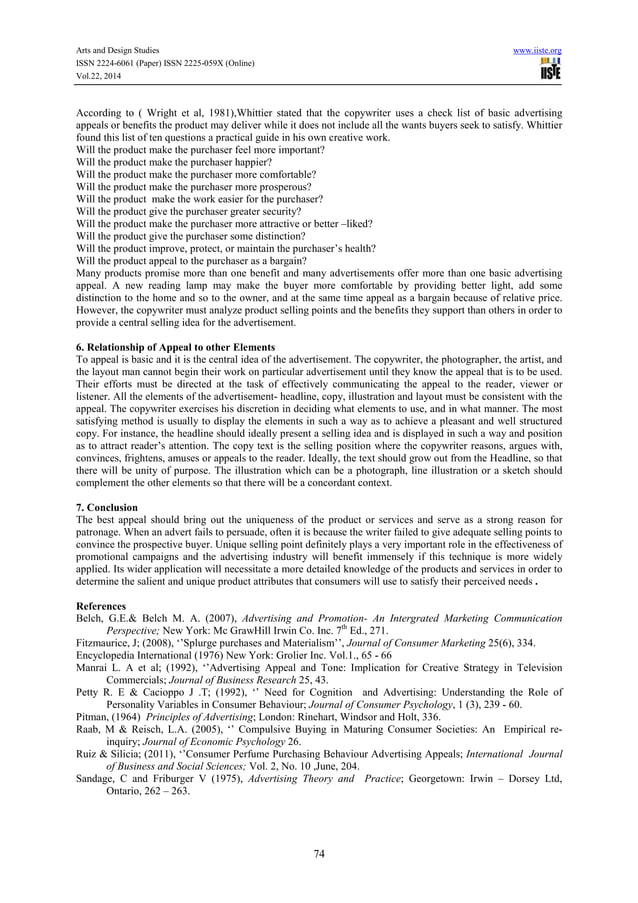 Selective determinants of advertisement appeal for a product or service ...