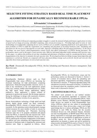 Selective fitting strategy based real time placement algorithm for dynamically reconfigurable ...