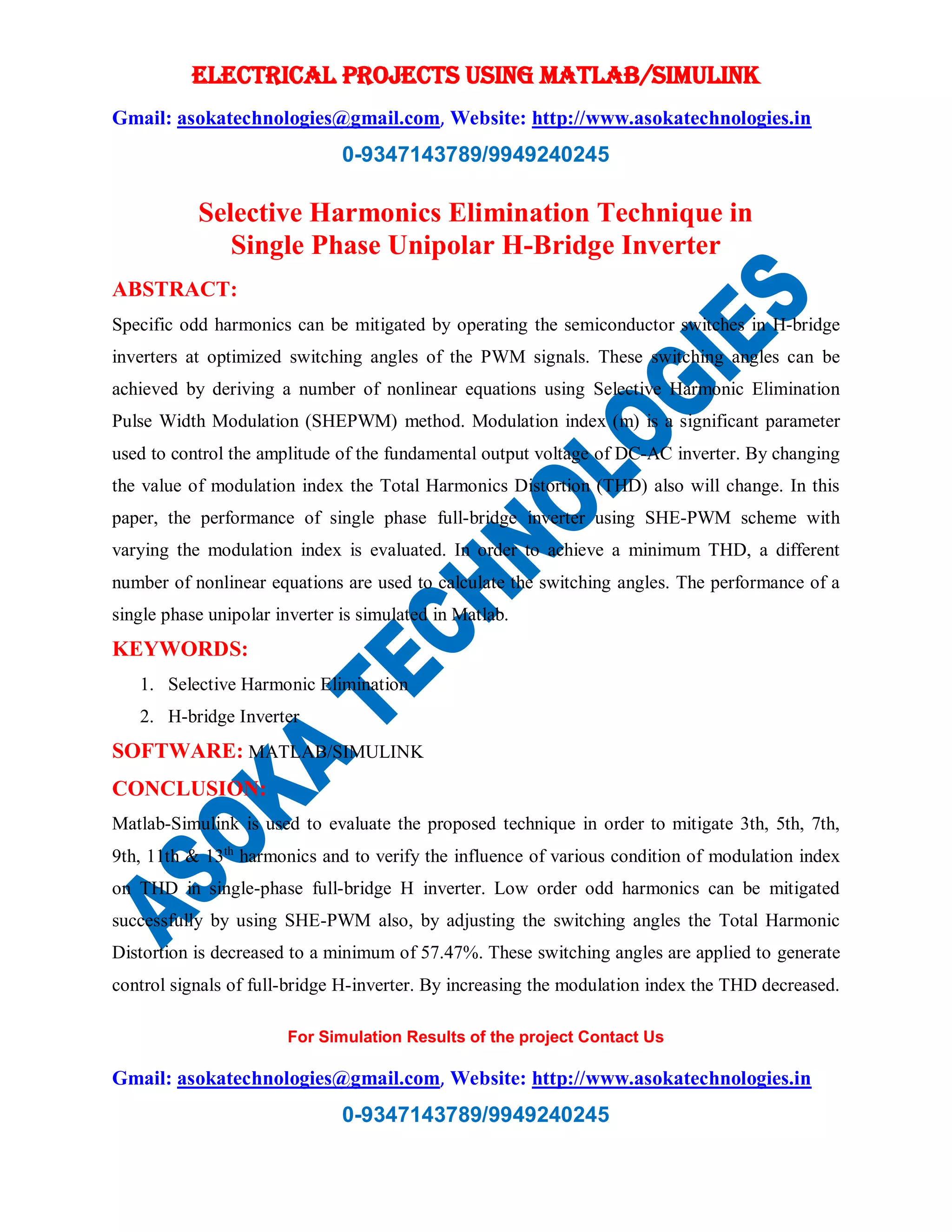 Selective Harmonics Elimination Technique in Single Phase Unipolar H-Bridge Inverter | PDF