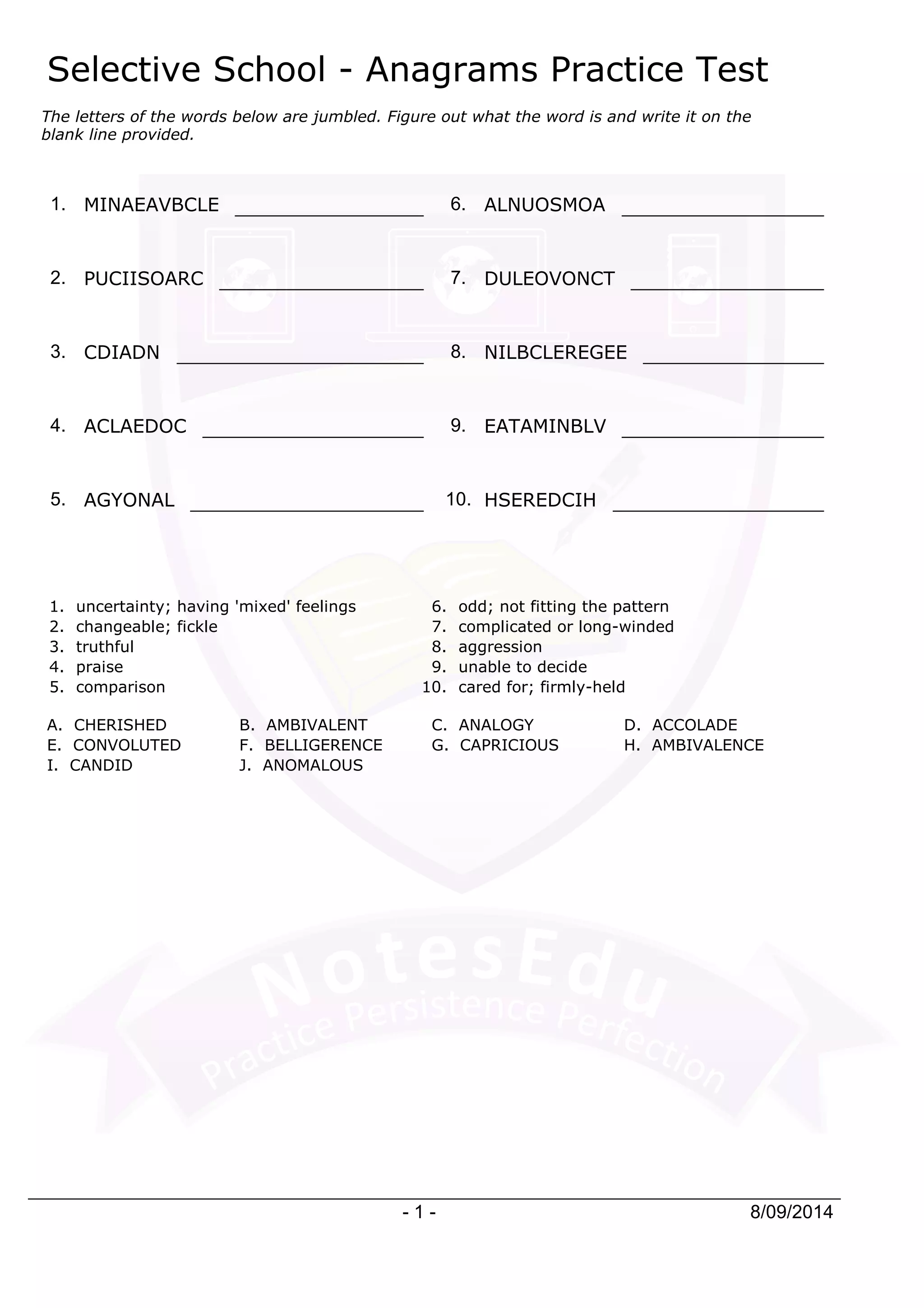 Selective school anagrams practice test | PDF