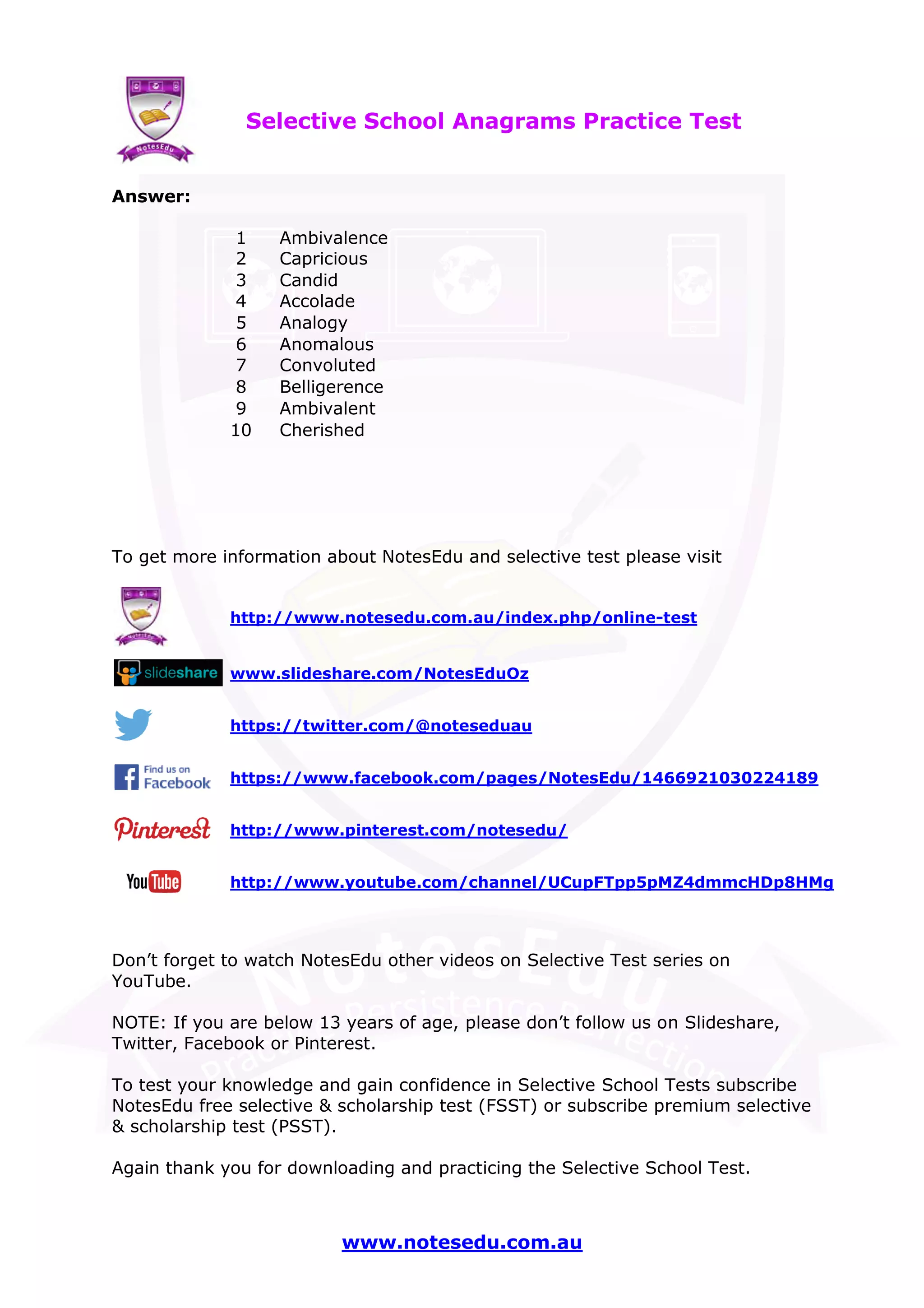 Selective School Anagrams Practice Test Pdf