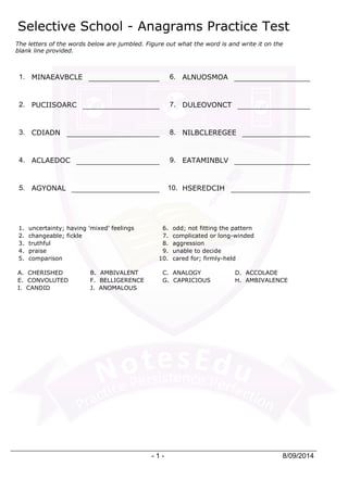Selective school anagrams practice test | PDF