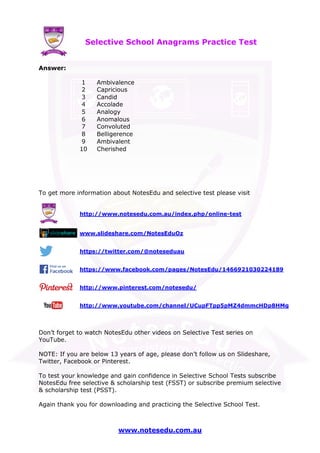 Selective school anagrams practice test | PDF