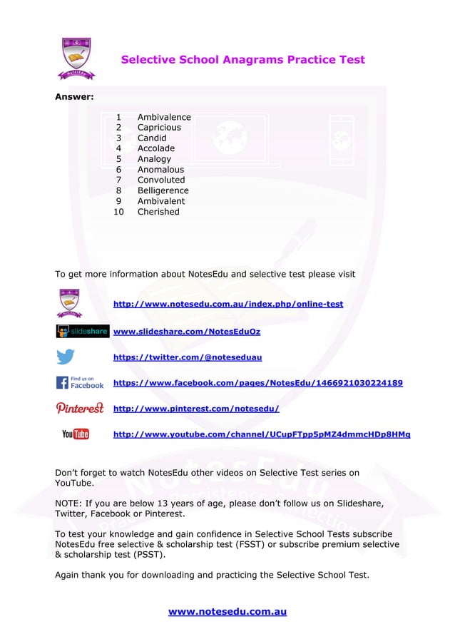 Selective school anagrams practice test | PDF