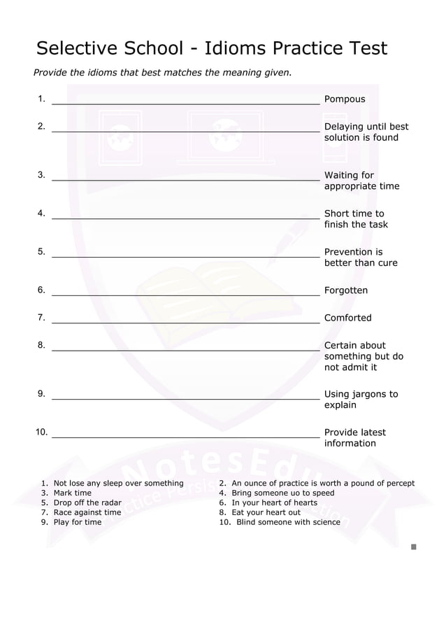 Selective school idioms practice test | PDF | Heart and Cardiovascular ...