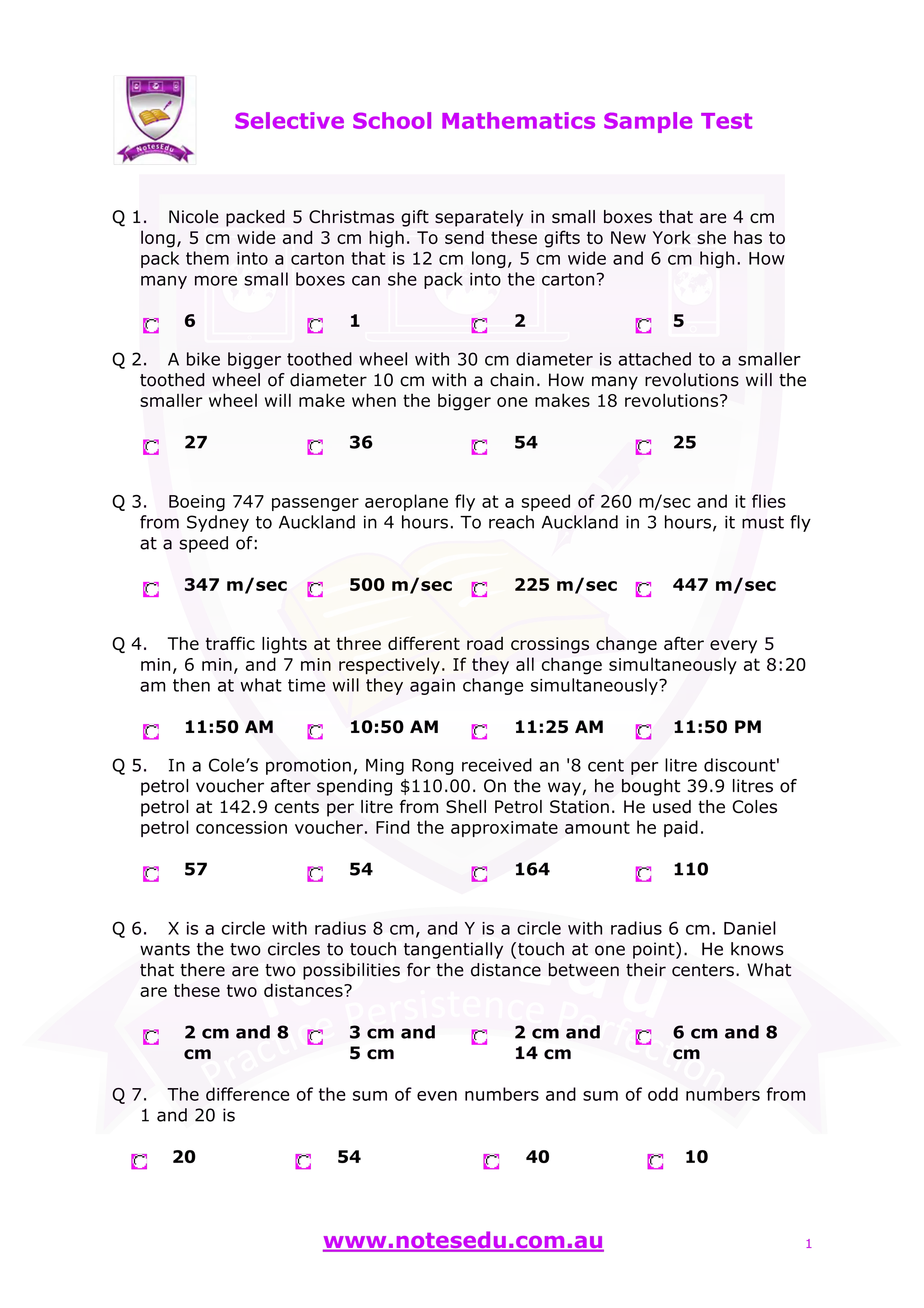 Selective school mathematics sample test | PDF