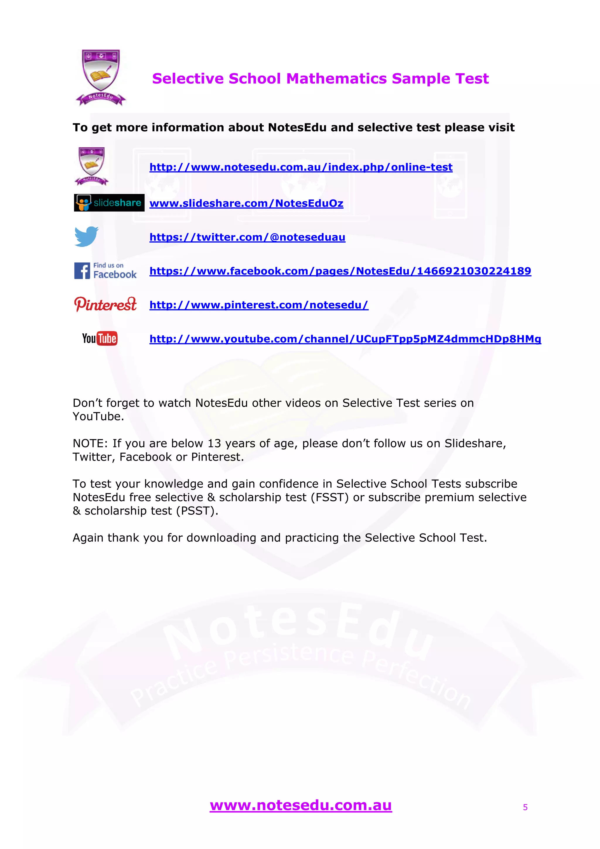 Selective school mathematics sample test | PDF