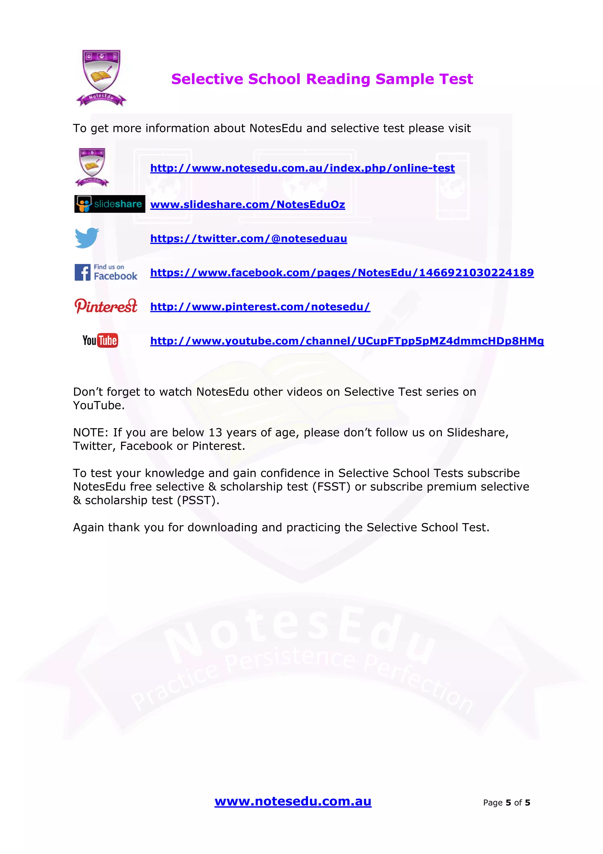 Selective school reading sample test NotesEduOz | PDF