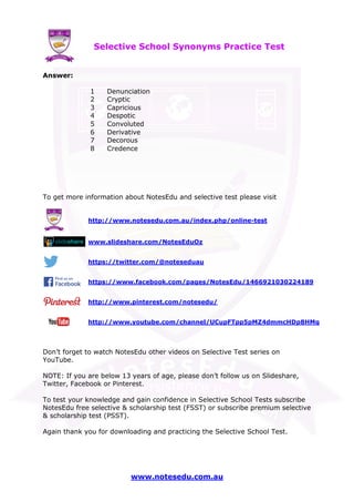Selective school synonyms practice test | PDF | Educational Assessment ...