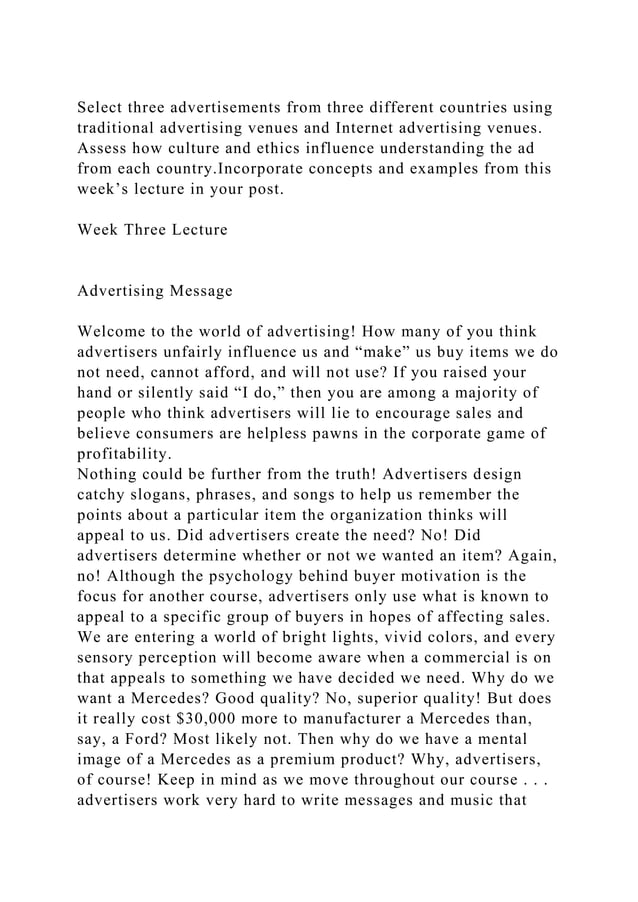 Select three advertisements from three different countries using tra ...