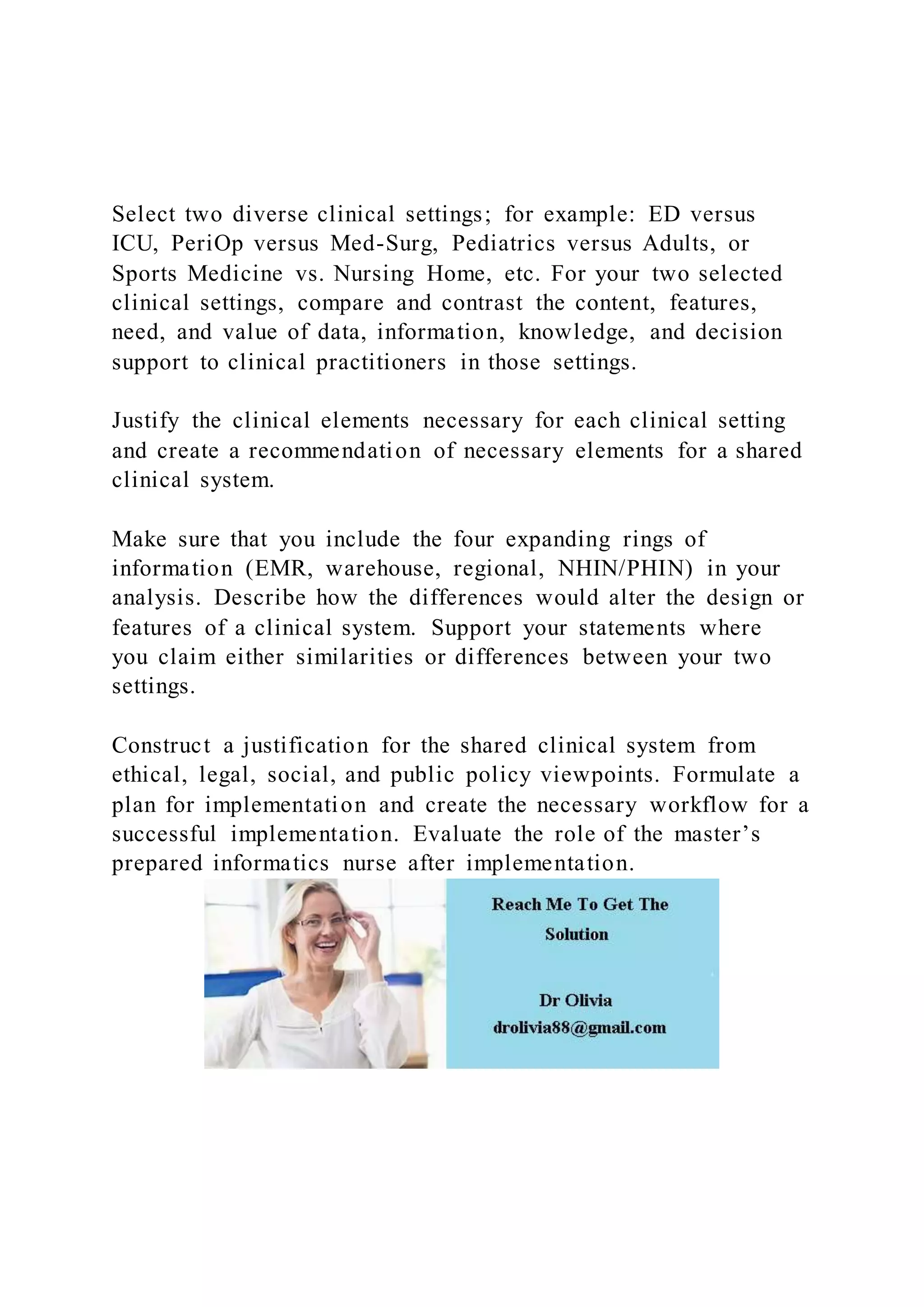 Select two diverse clinical settings; for example ED versus ICU | DOCX