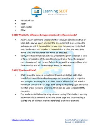 Interview Question & Answers for Selenium Freshers | LearningSlot | PDF