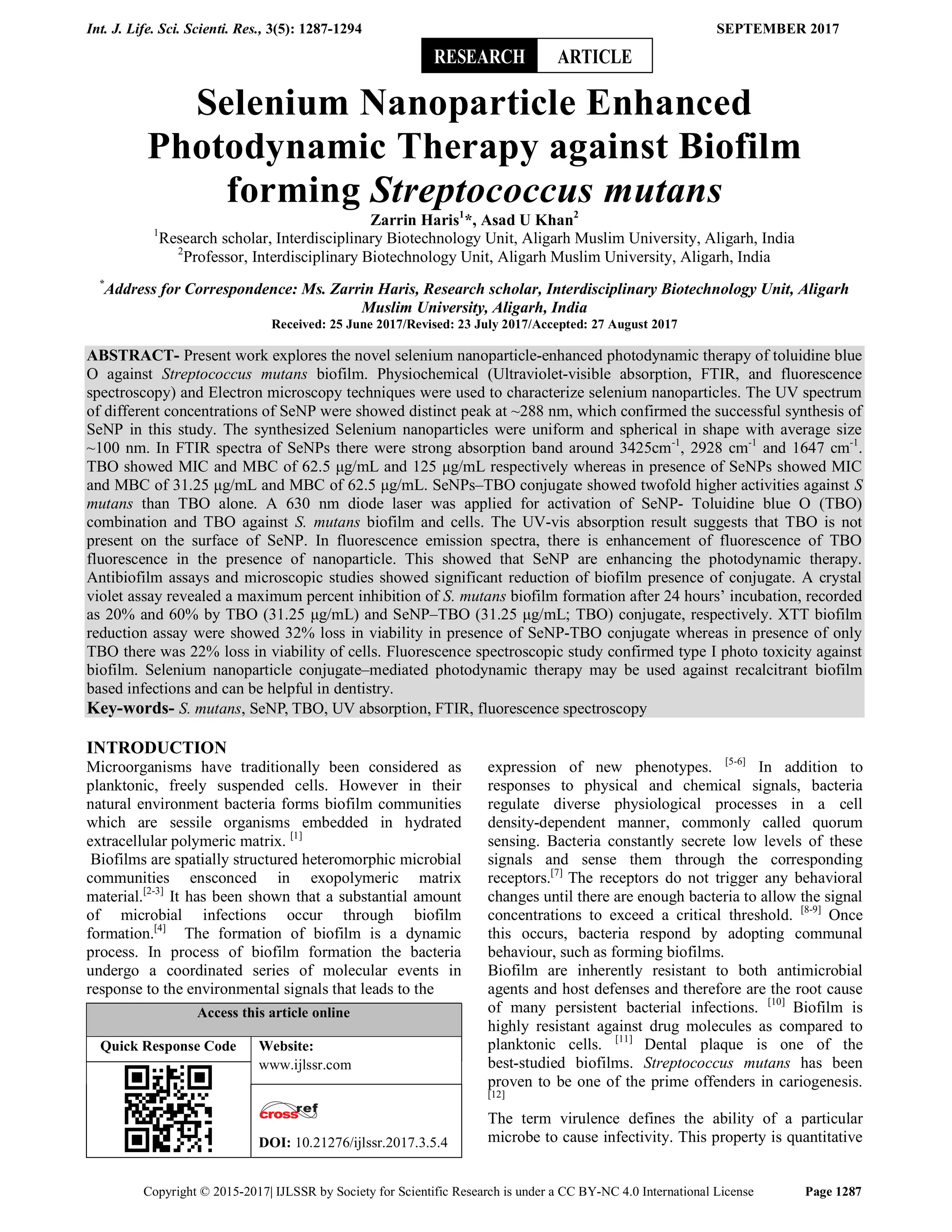 Selenium Nanoparticle Enhanced Photodynamic Therapy against Biofilm forming Streptococcus mutans ...