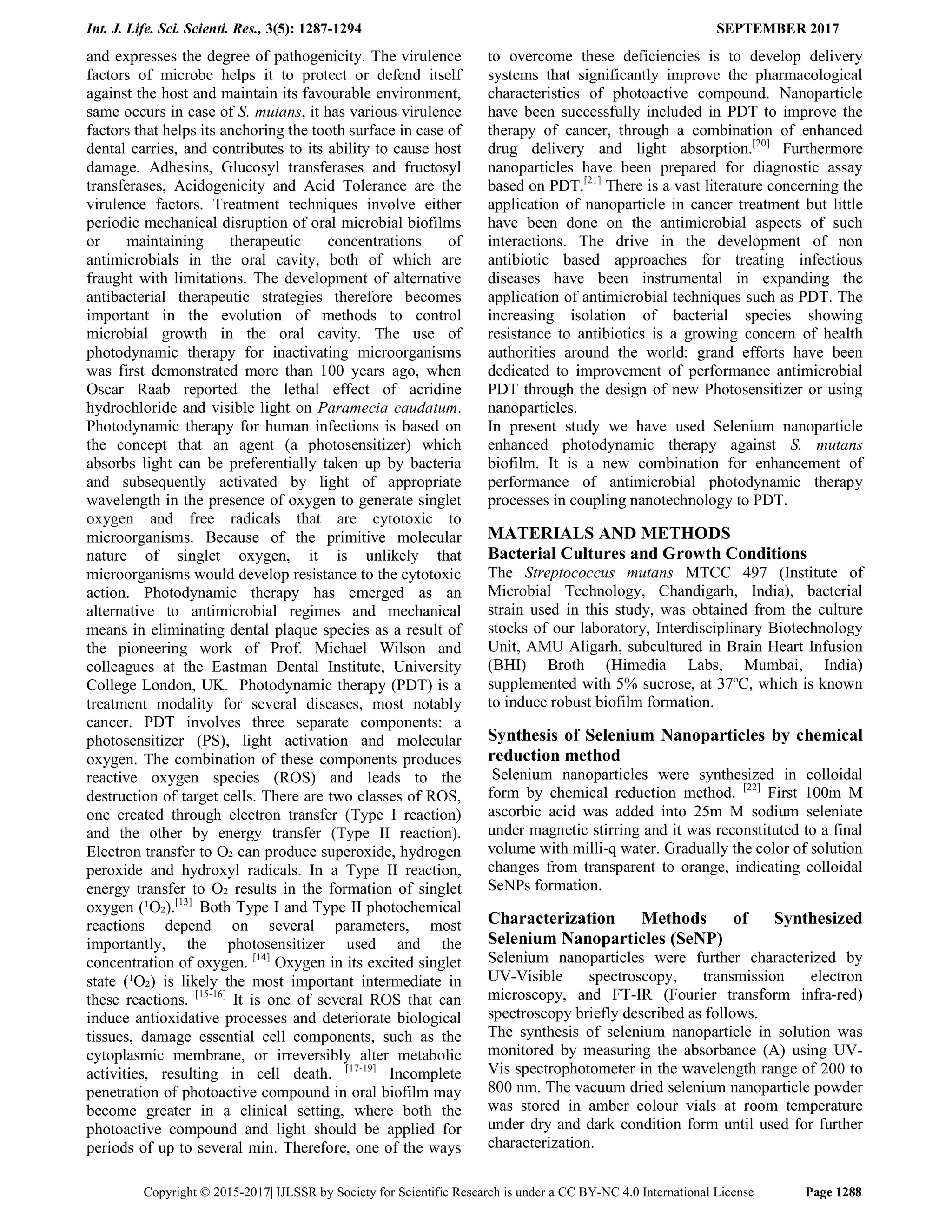 Selenium Nanoparticle Enhanced Photodynamic Therapy against Biofilm forming Streptococcus mutans ...