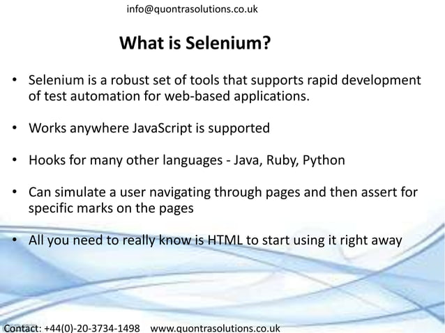 Selenium overview ppt by quontra solutions | PPTX | Browsers | Computer Software and Applications