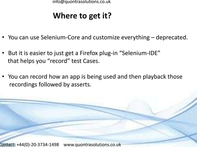 Selenium overview ppt by quontra solutions | PPTX | Browsers | Computer Software and Applications