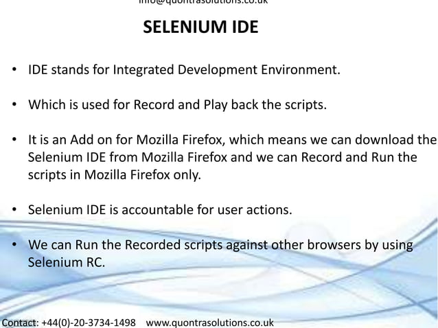 Selenium overview ppt by quontra solutions | PPTX | Browsers | Computer Software and Applications