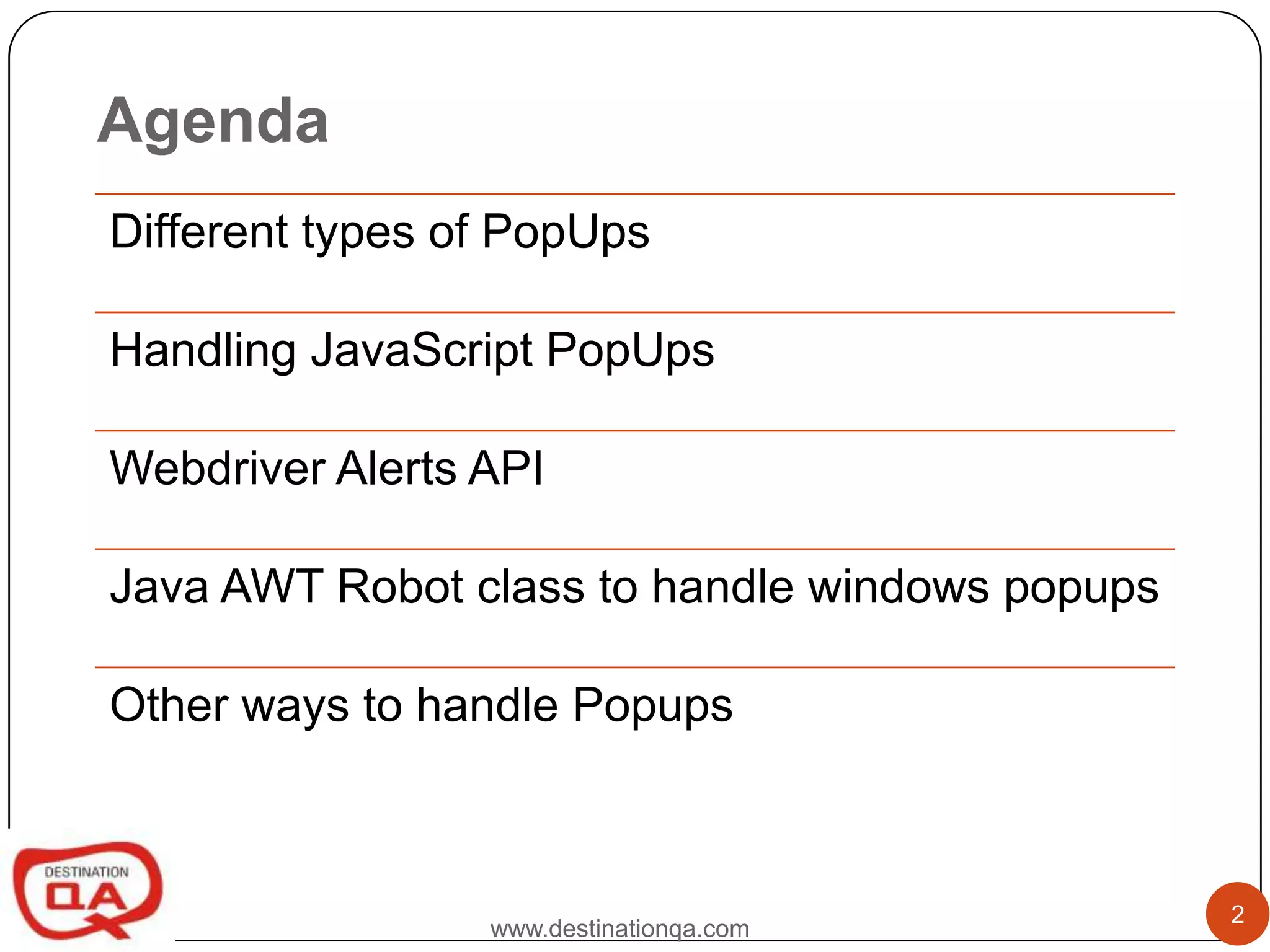 Selenium Webdriver Pop Up Handling Ppt
