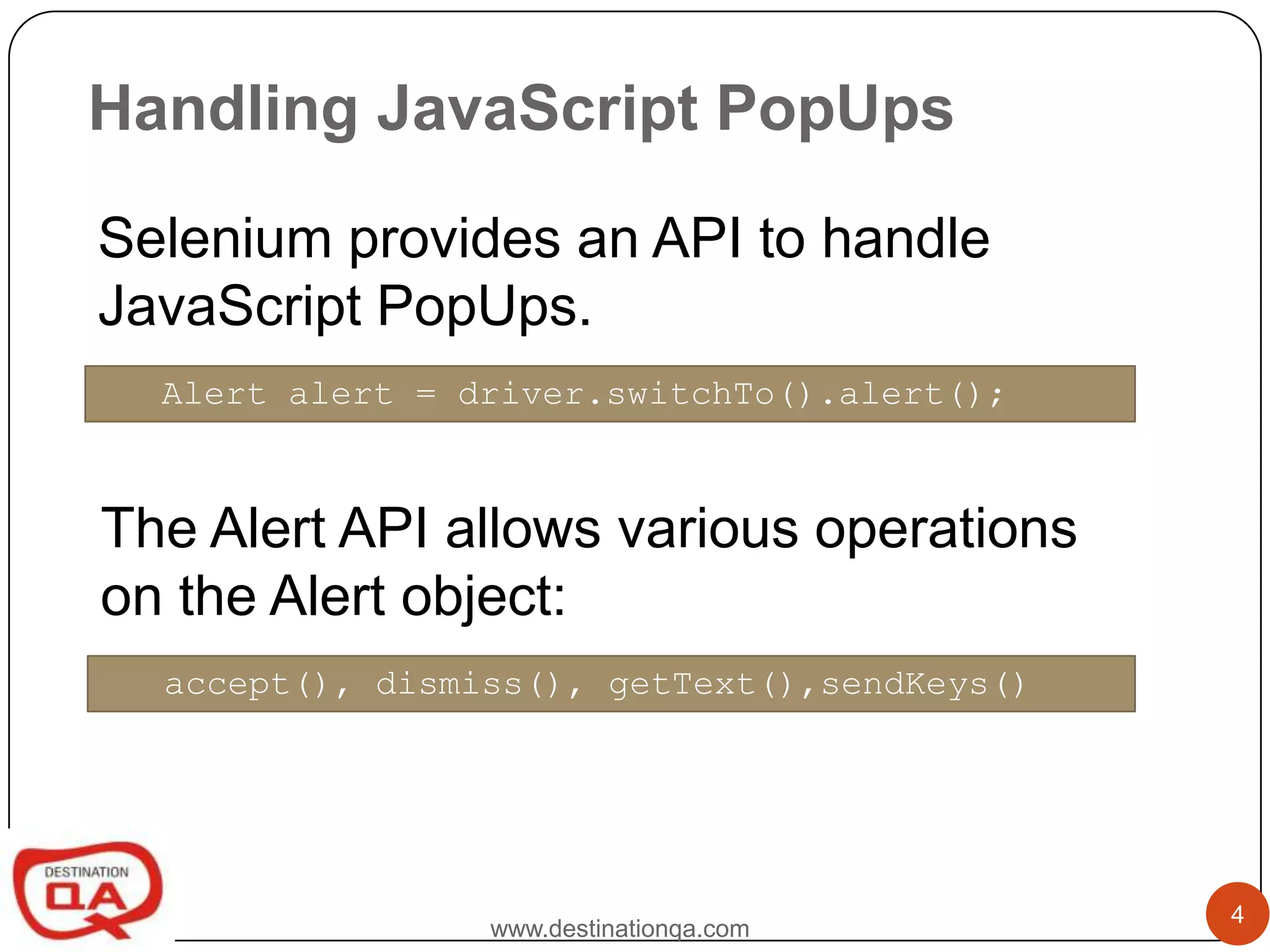 Selenium Webdriver Pop Up Handling Pptx Web Development Internet