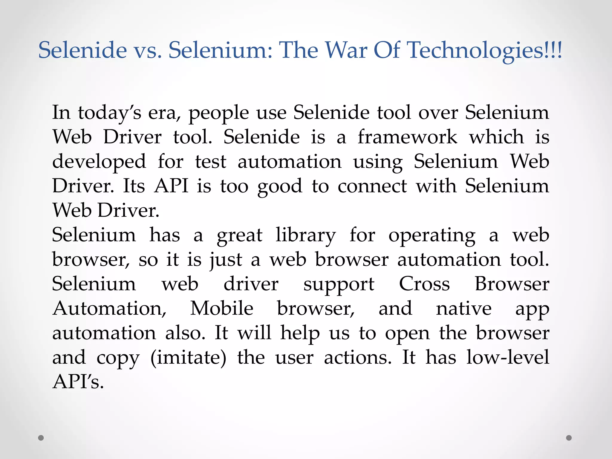 Selenide vs. Selenium: The War Of Technologies | PPTX | Web Development | Internet