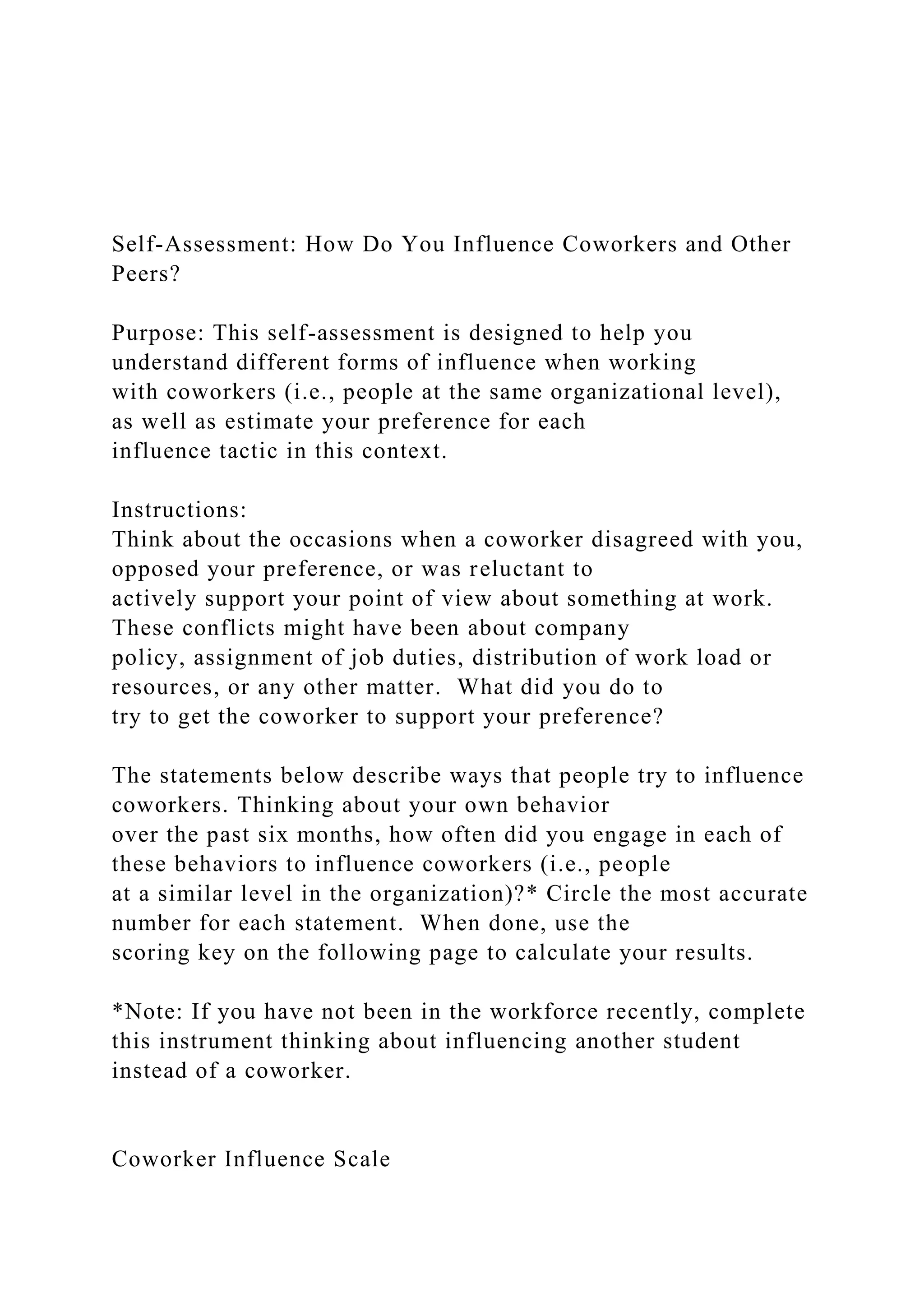 Self-Assessment How Do You Influence Coworkers and Other Peer.docx