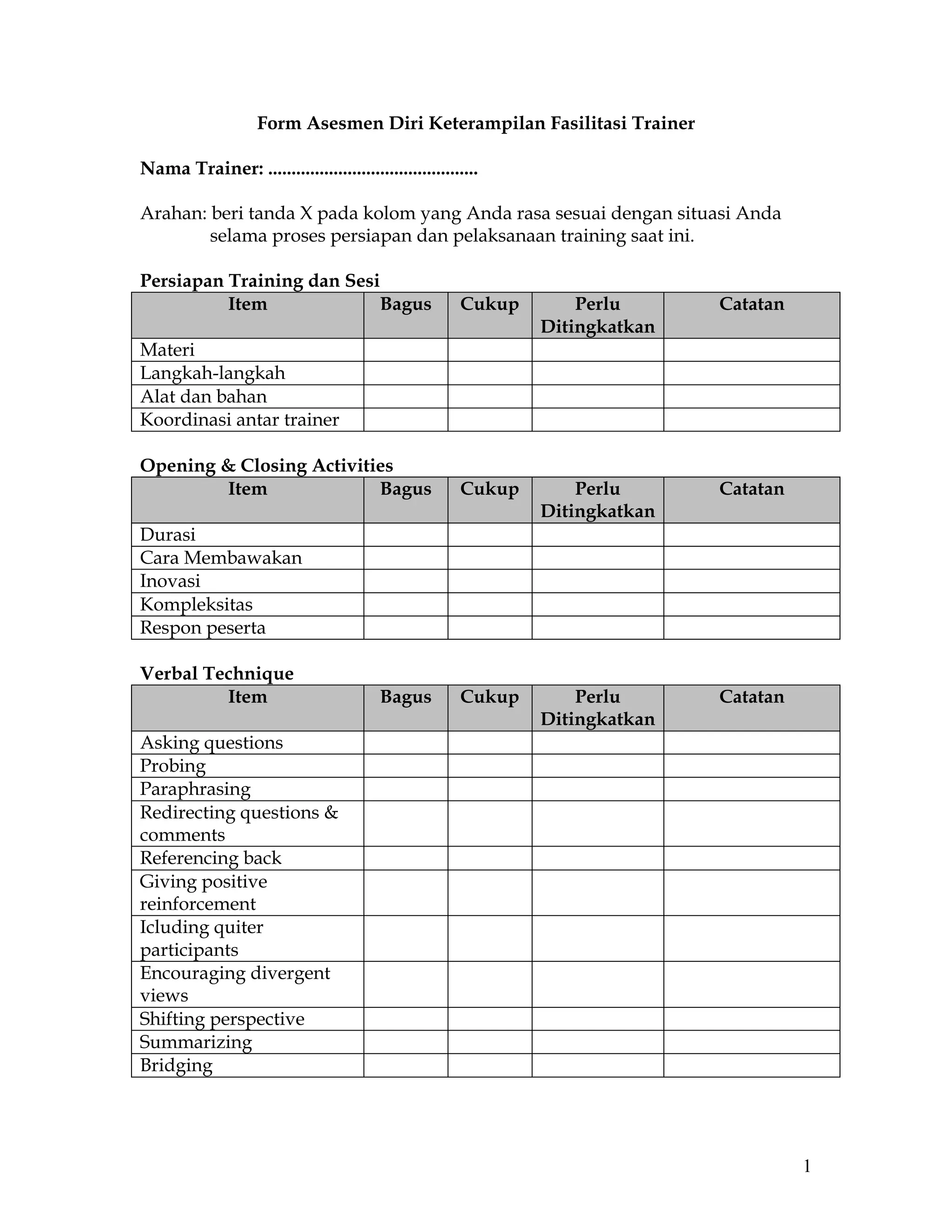Self assessment keterampilan fasilitasi trainer | PDF