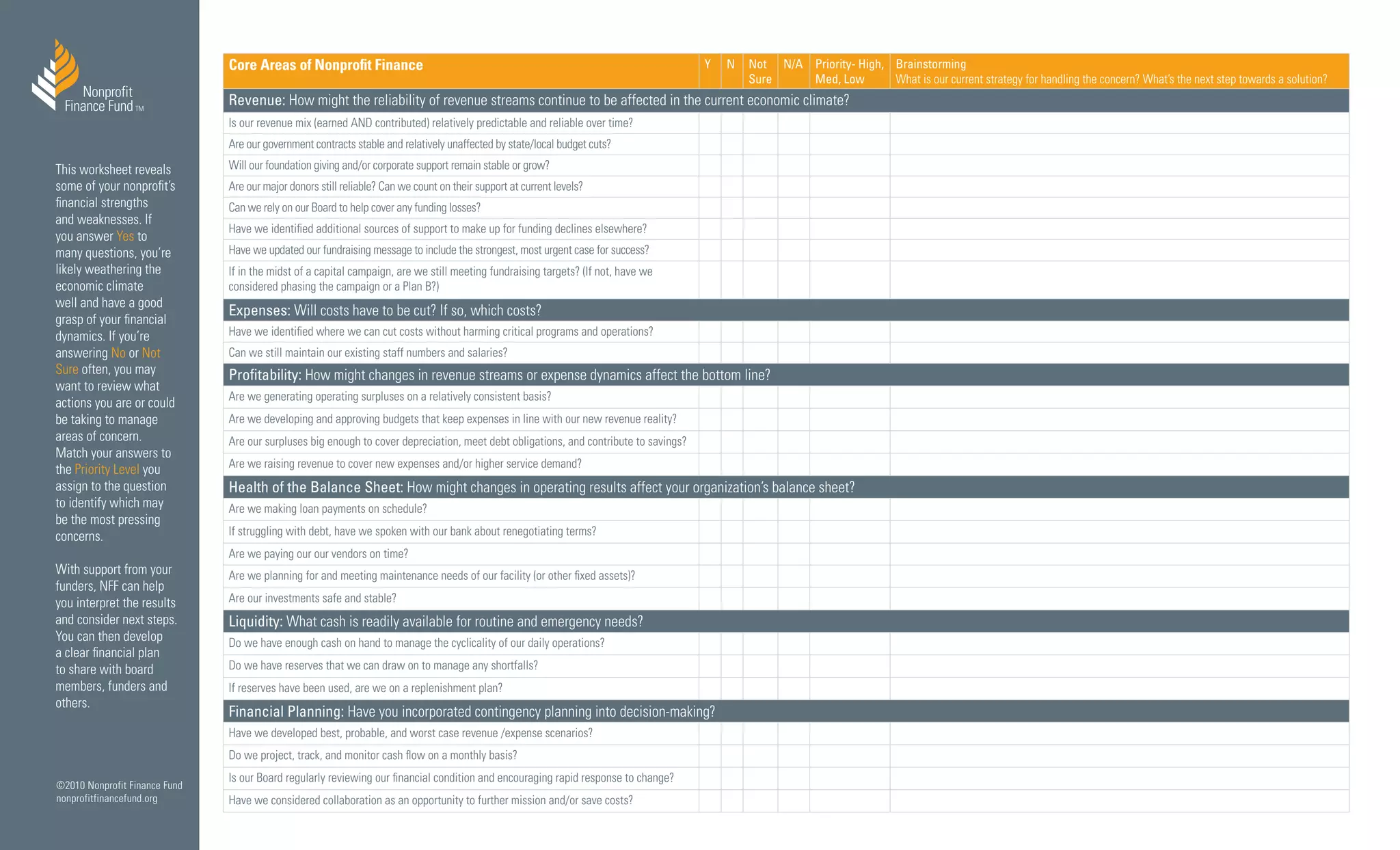Nonprofit Finance Fund Self Assessment Worksheet | PPT