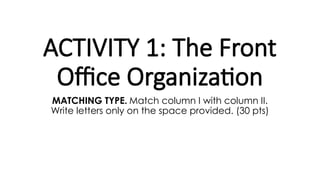 SELF-CHECK - FRONT OFFICE SERVICES - QUIZ AND ACTIVITIES | PPTX